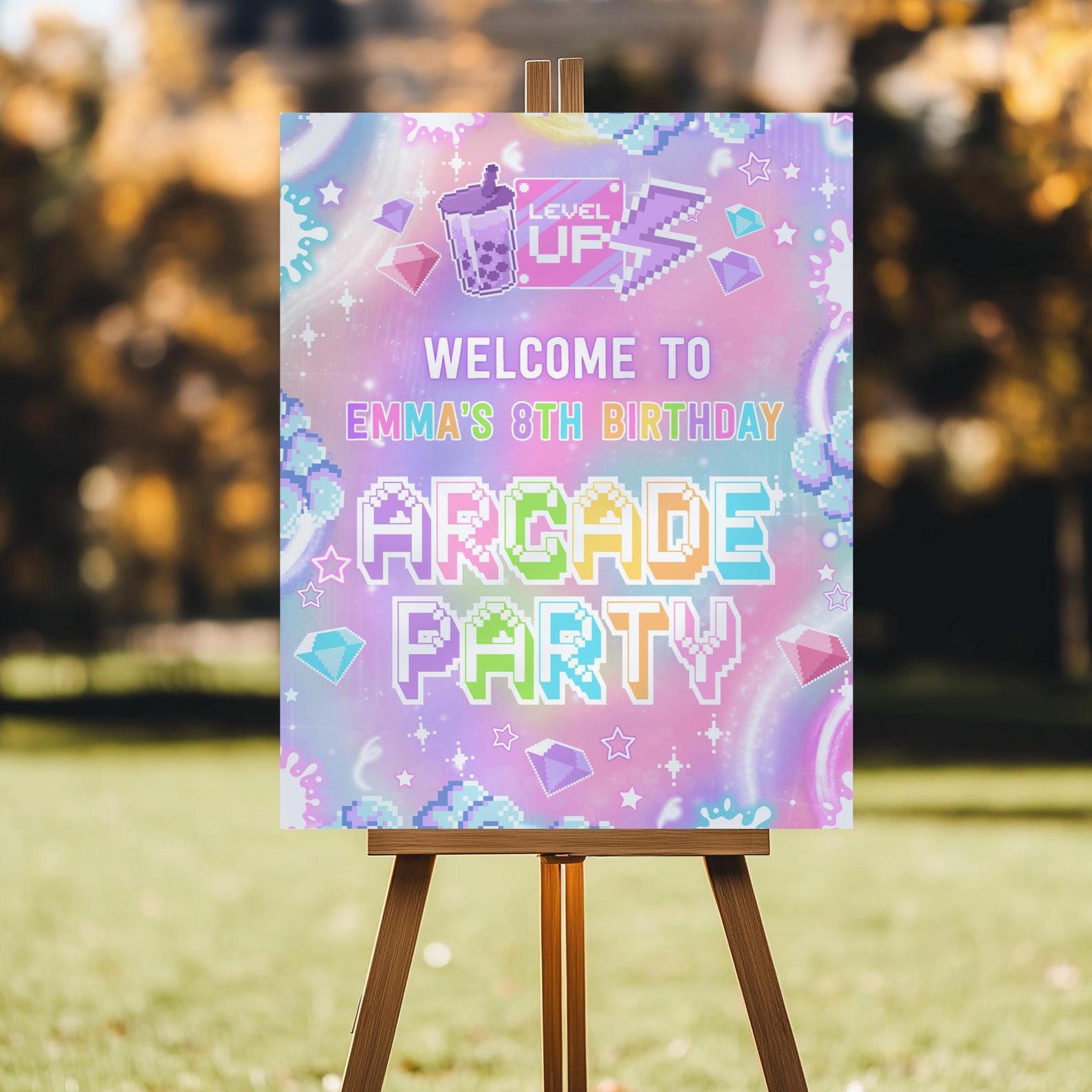 Editable Neon Arcade Birthday Welcome Sign: Girl Gaming Party (digital ...