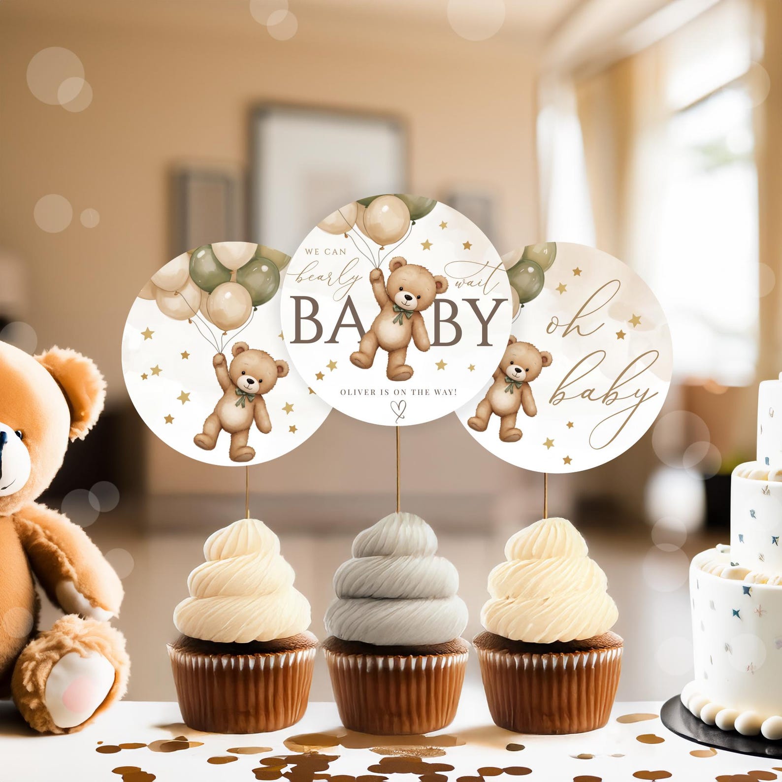 EDITABLE Gender Neutral Bear Baby Shower Cupcake Toppers, We Can Bearly ...