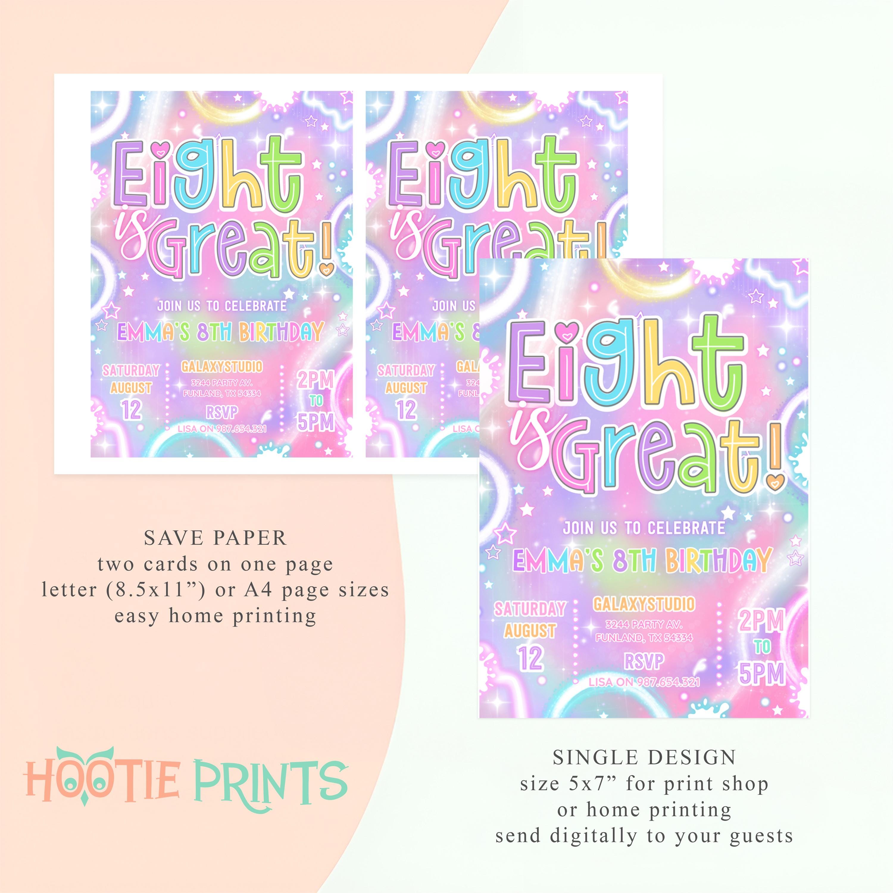 Editable Eight is Great Birthday Party Invitation Neon Glow 8th ...