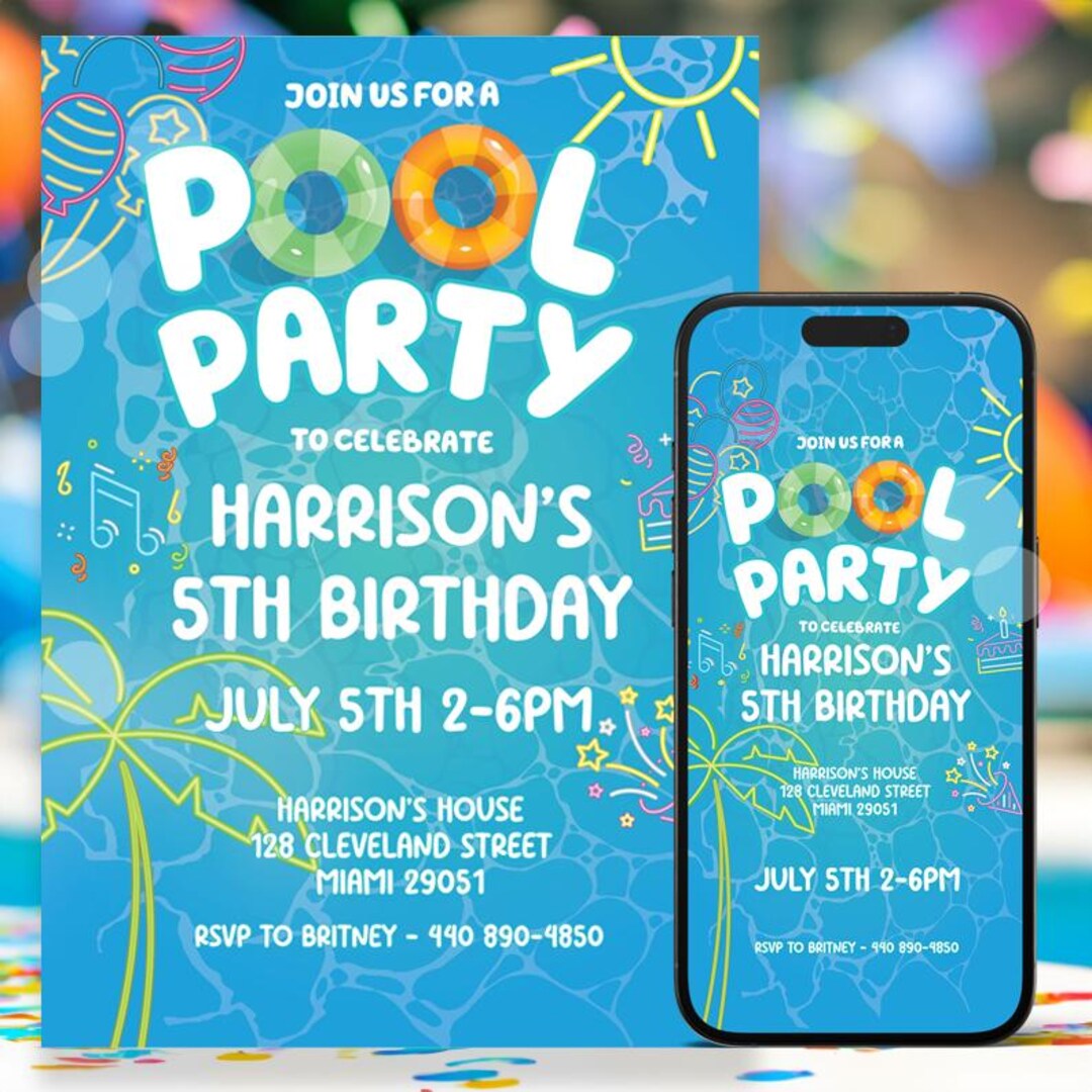 Pool Party Editable Invitation, Summer Birthday Party Evite, Text ...