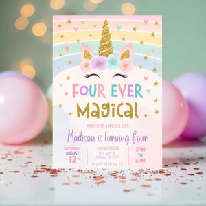 Editable Unicorn 4th Birthday Invitation Four Ever Magical Party Invite ...