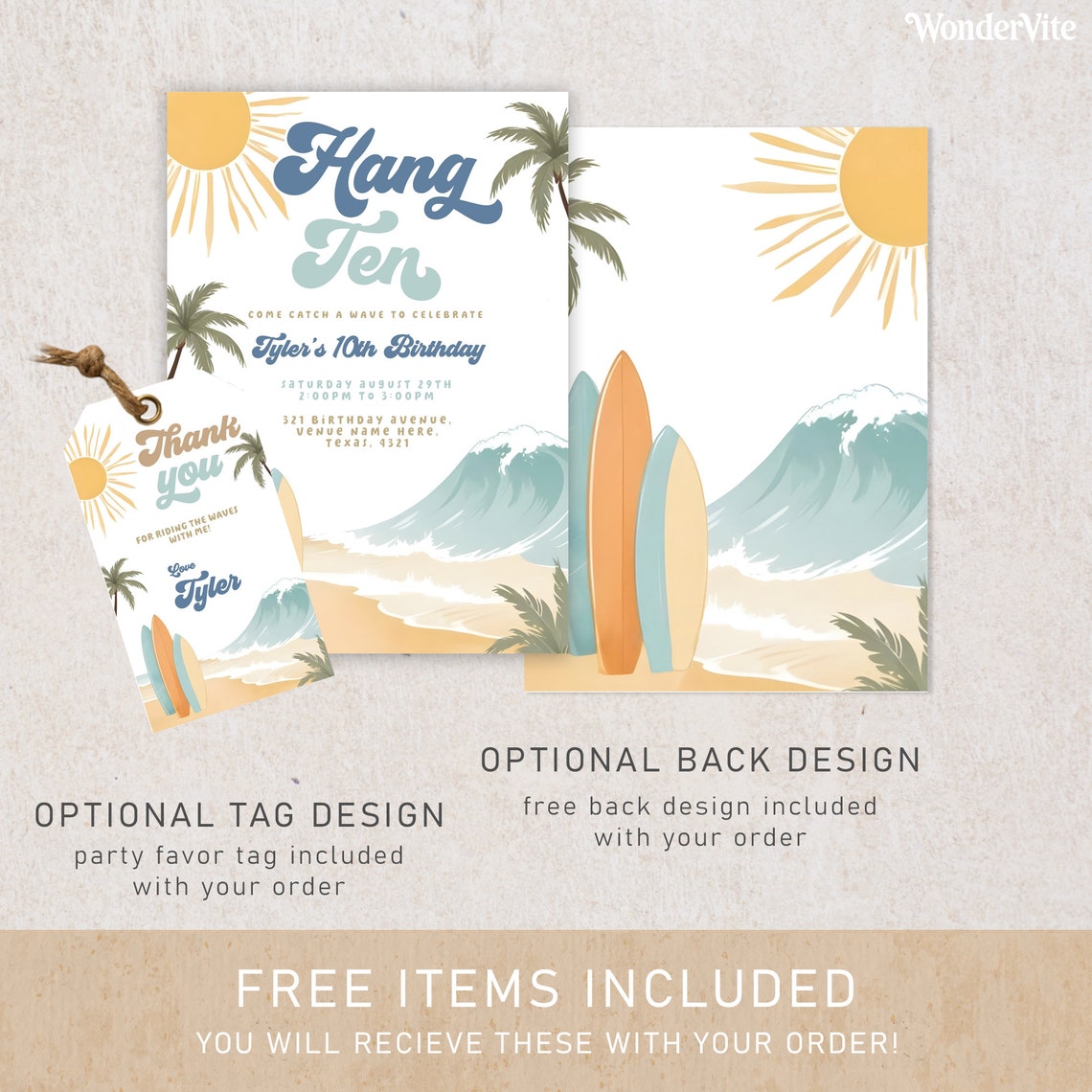 Editable Hang Ten Birthday Invitation Boy Surfing Tenth Birthday Invite ...