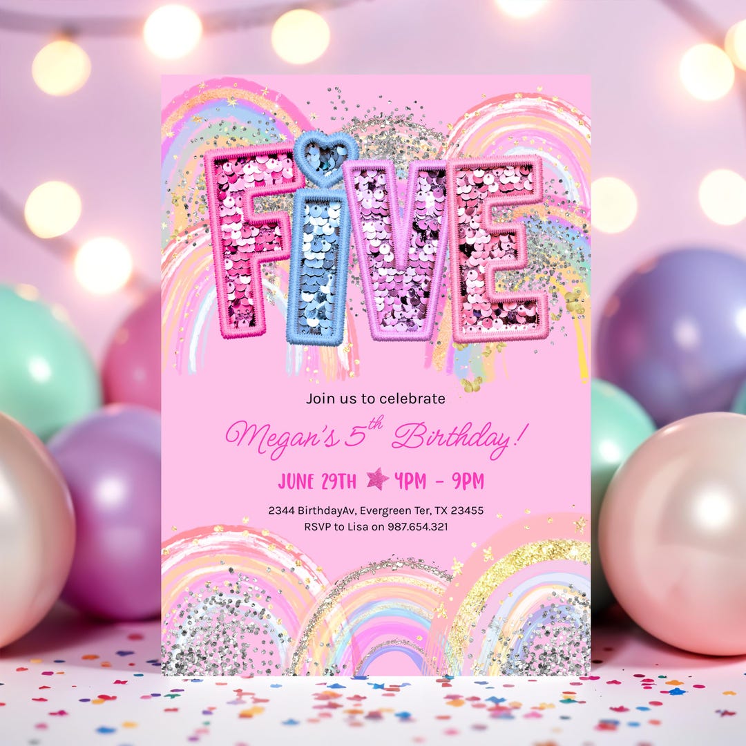 5th Birthday Invitation Girl Editable Rainbow Sequin Glitter Invite ...