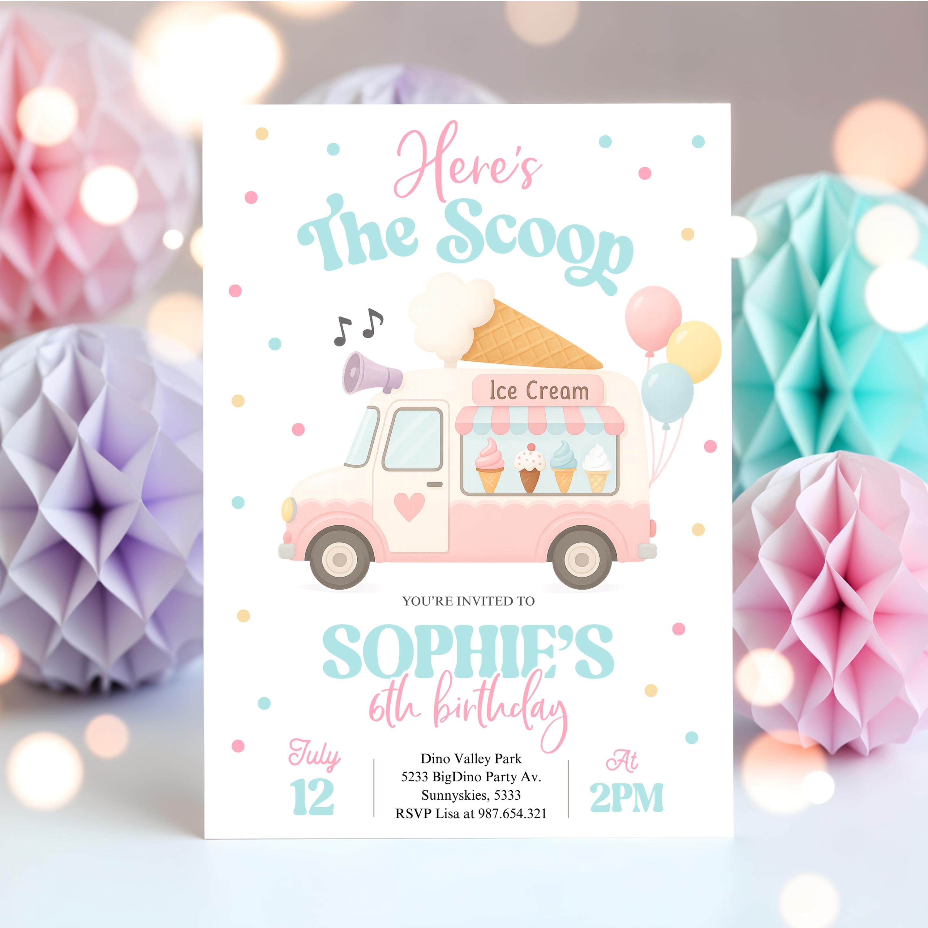 Editable Ice Cream Truck Birthday Party Invitation Here's the Scoop Ice ...