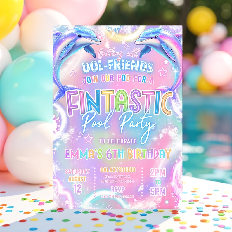 Editable Dolphin Pool Party Invitation Neon Glow Dolphin Under the Sea ...