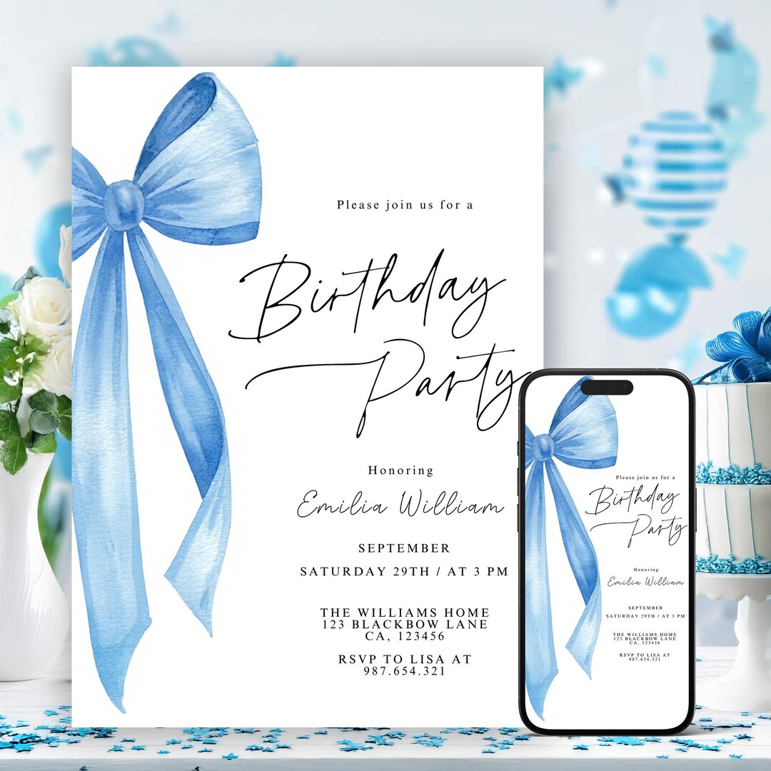 Editable Blue Bow Birthday Invitation Template, Minimalist Blue Bow ...