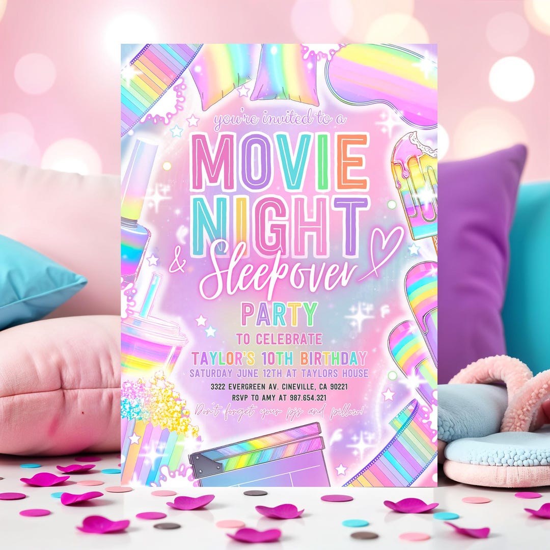 Editable Movie Night and Sleepover Birthday Party Invitation Pastel ...
