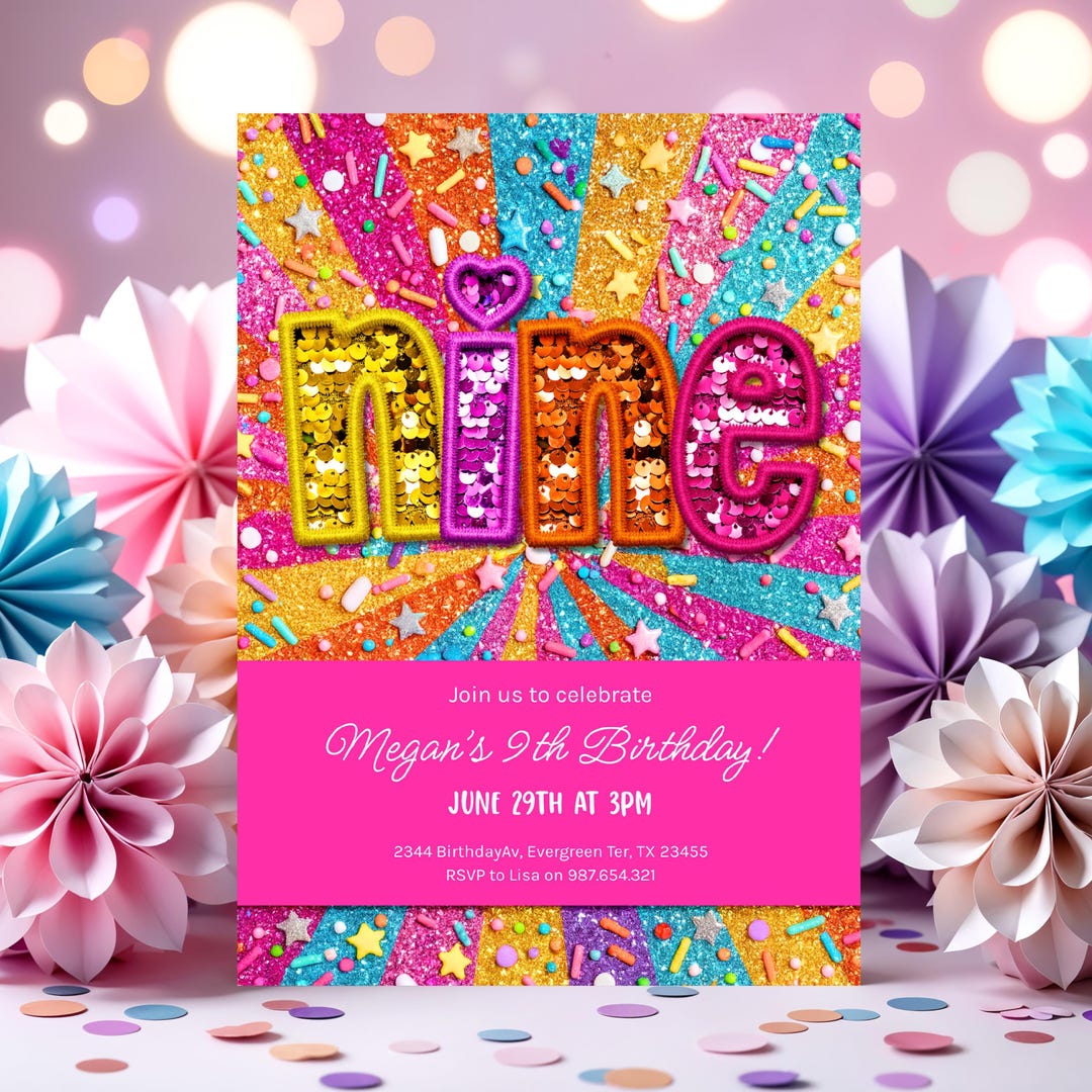 Rainbow Sequin 9th Birthday Invitation: Editable Printable Template ...