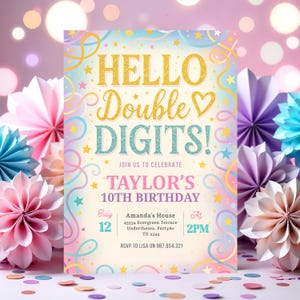 Hello Double Digits 10th Birthday Party Invitation Glitter Sparkle ...