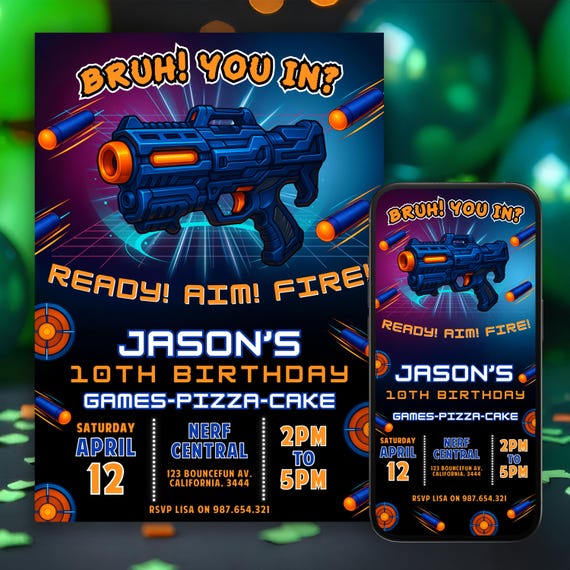 Nerf Party Invitation Templates Editable Nerf Gun Birthday Party