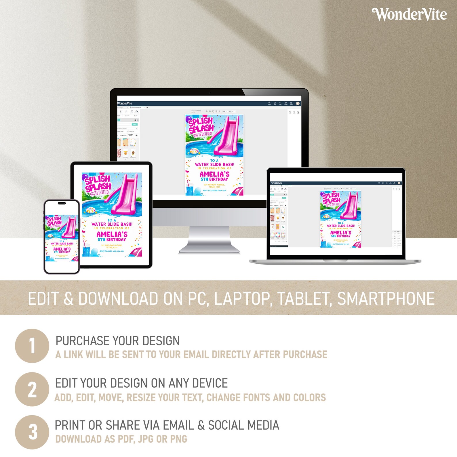 Editable Splish Splash Girls Birthday Invitation Pool Party Pink Slip ...