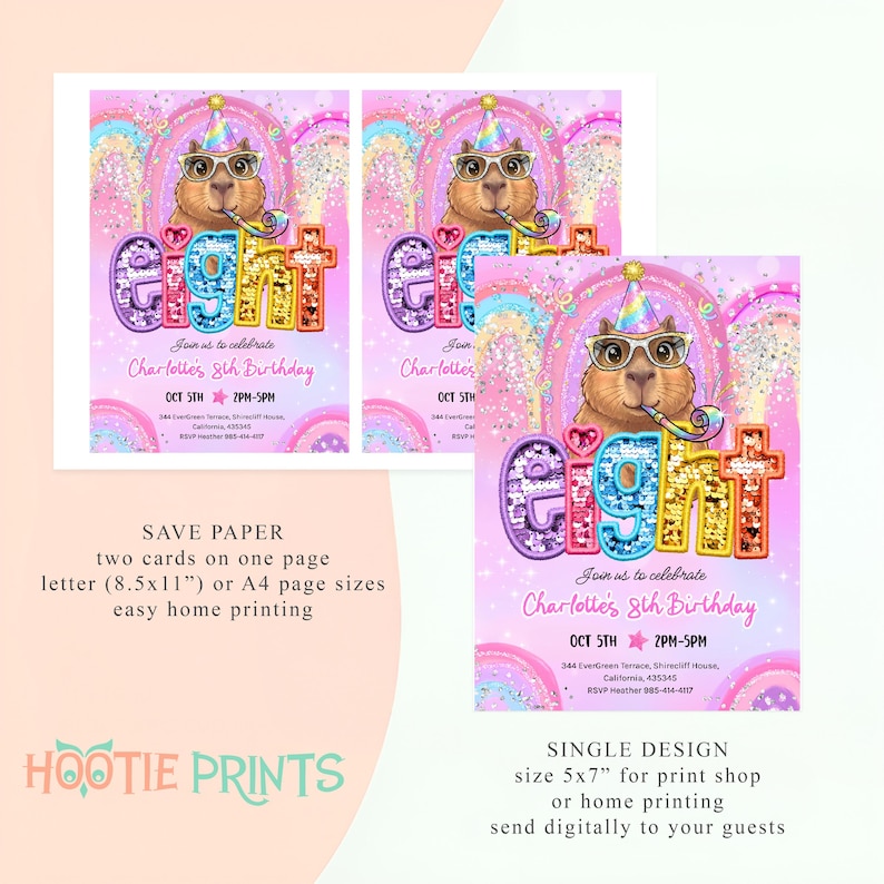 Editable 8th Birthday Capybara Birthday Invitation, Cute Pink Capy ...
