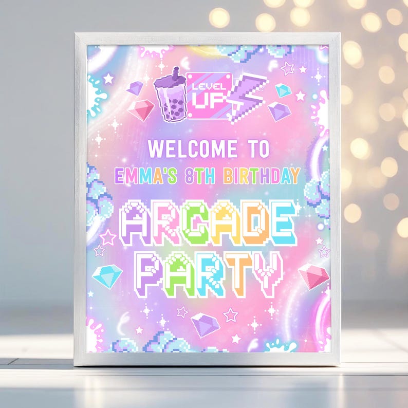 Editable Neon Arcade Birthday Welcome Sign: Girl Gaming Party (digital ...