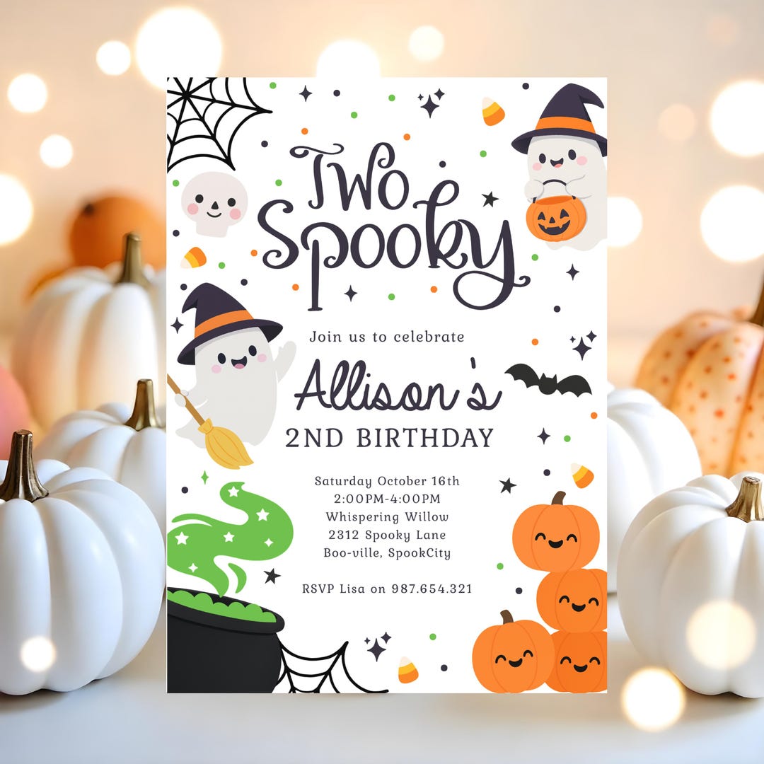 Editable Two Spooky White Halloween Ghost 2nd Birthday Invitation, Boho ...