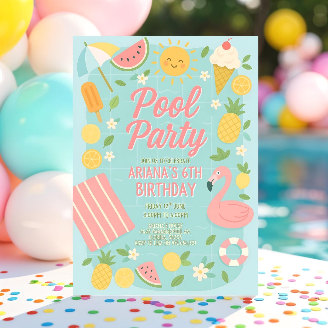 Editable Pool Party Invitation, Girl Pool Birthday Party, Pastel Invite ...