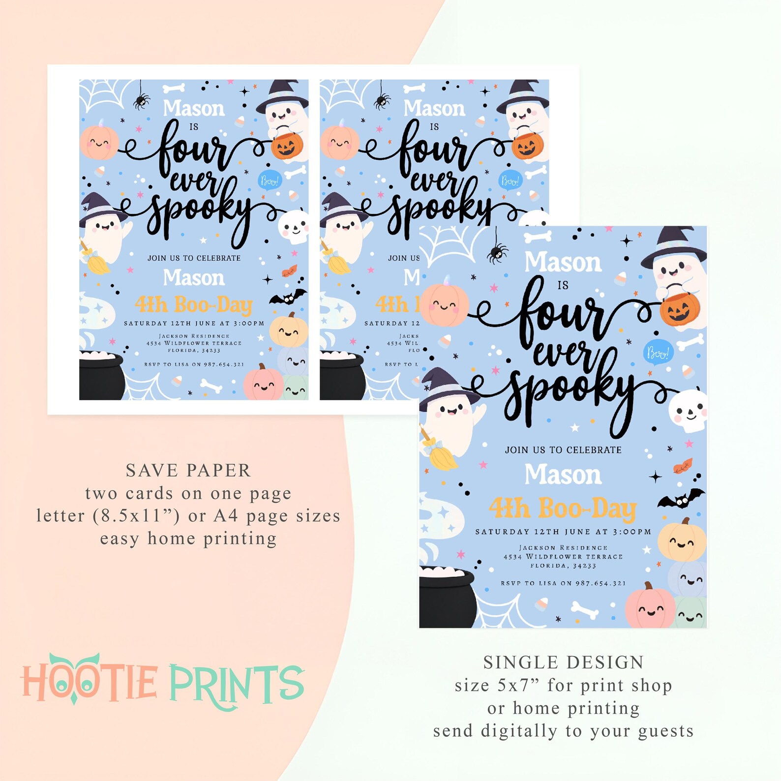 Spooky Ghost 4th Four Ever Spooky Birthday Invitation: Editable ...