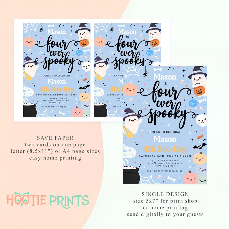 Spooky Ghost 4th Four Ever Spooky Birthday Invitation: Editable ...