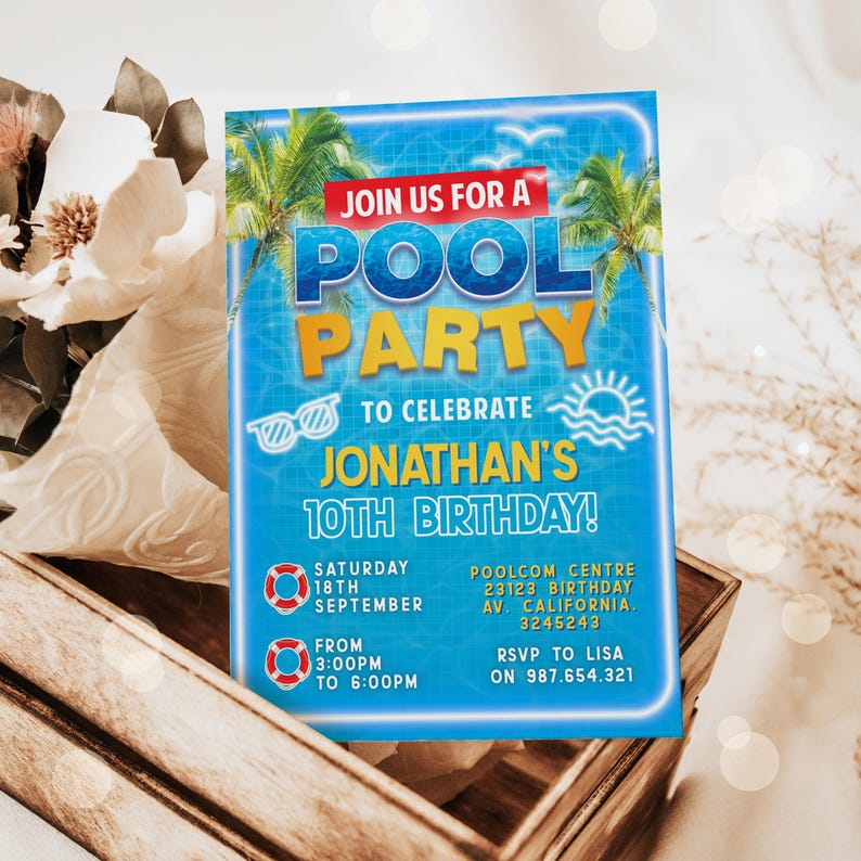 Pool Party Birthday Invitation Neon Blue Editable Swim Invite - Etsy