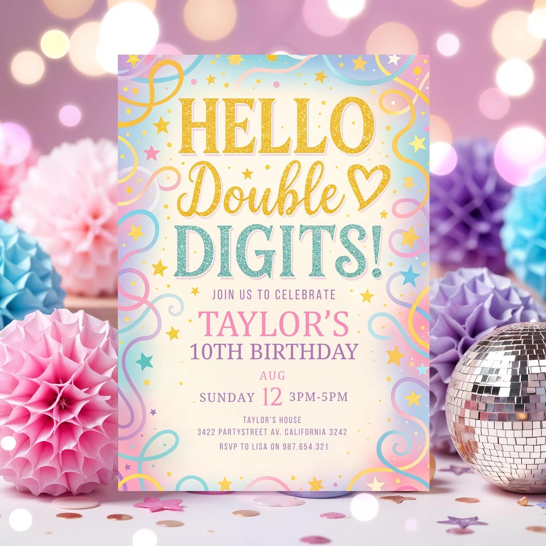 Hello Double Digits 10th Birthday Party Invitation Glitter Sparkle ...