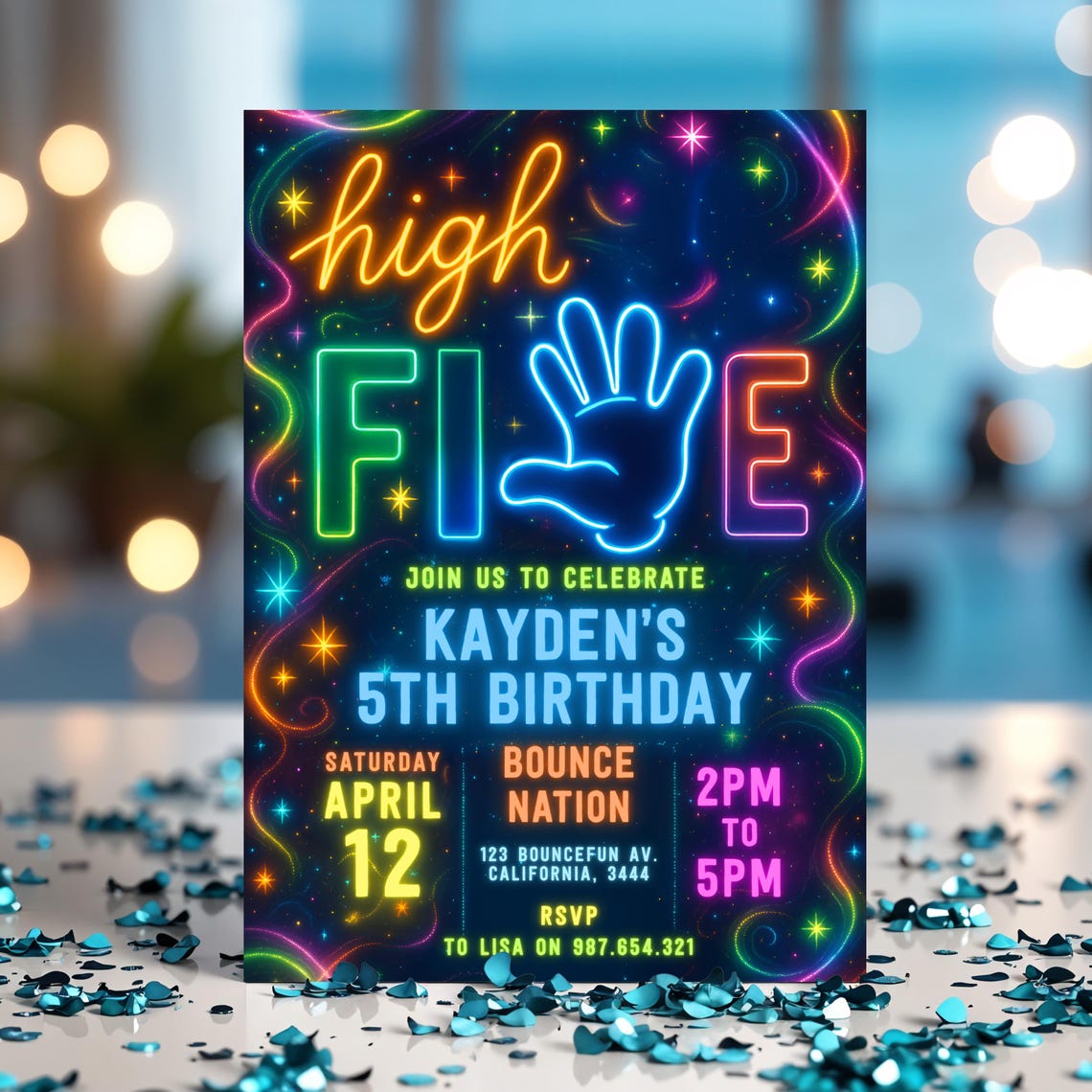 Editable High Five Birthday Party Invitation Neon Glow High Five Hi ...