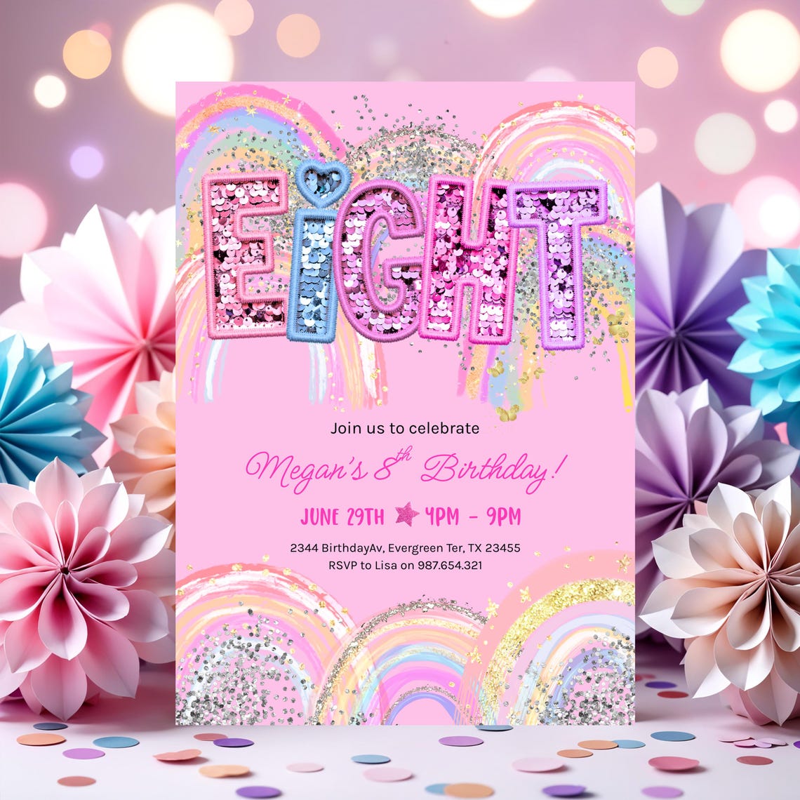 8th Birthday Invitation Girl Editable Rainbow Sequin Glitter Invite ...