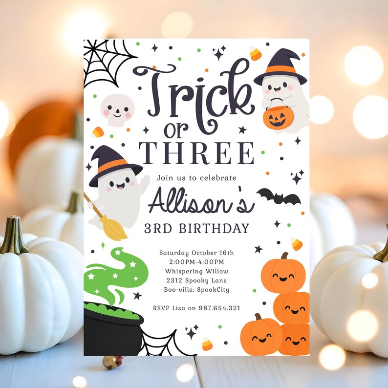Editable Kids Halloween Ghost Birthday Invitation, Trick or Three 3rd ...