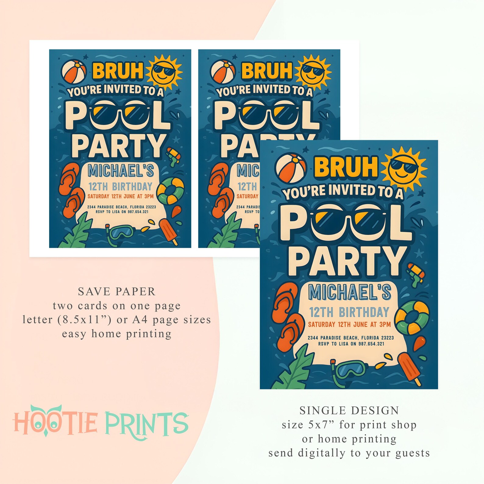 Bruh Pool Party Birthday Invitation | Boy Summer Swim Party Invite ...