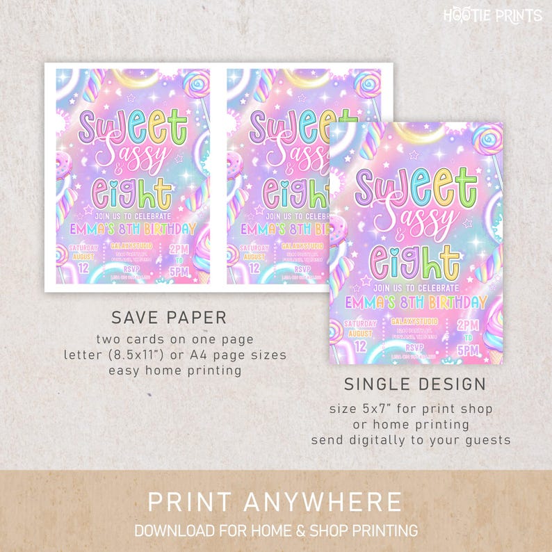 EDITABLE Sweet Sassy and Eight Birthday Party Invitation, Neon Glow ...