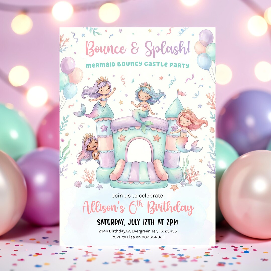 Jump and Play Mermaid Bouncy Castle Birthday Invitation for Girls - Etsy