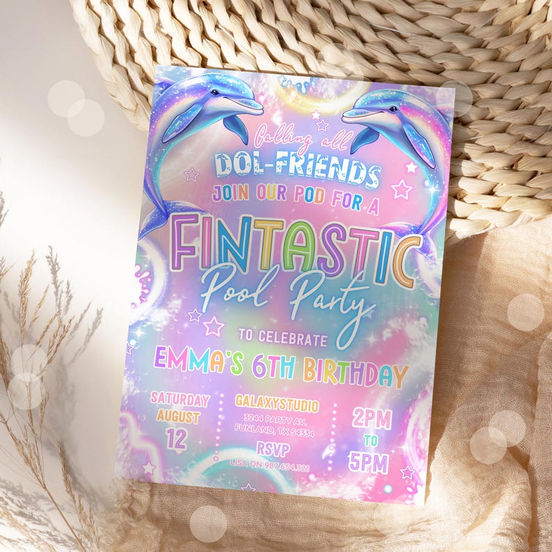 Editable Dolphin Pool Party Invitation Neon Glow Dolphin Under the Sea ...