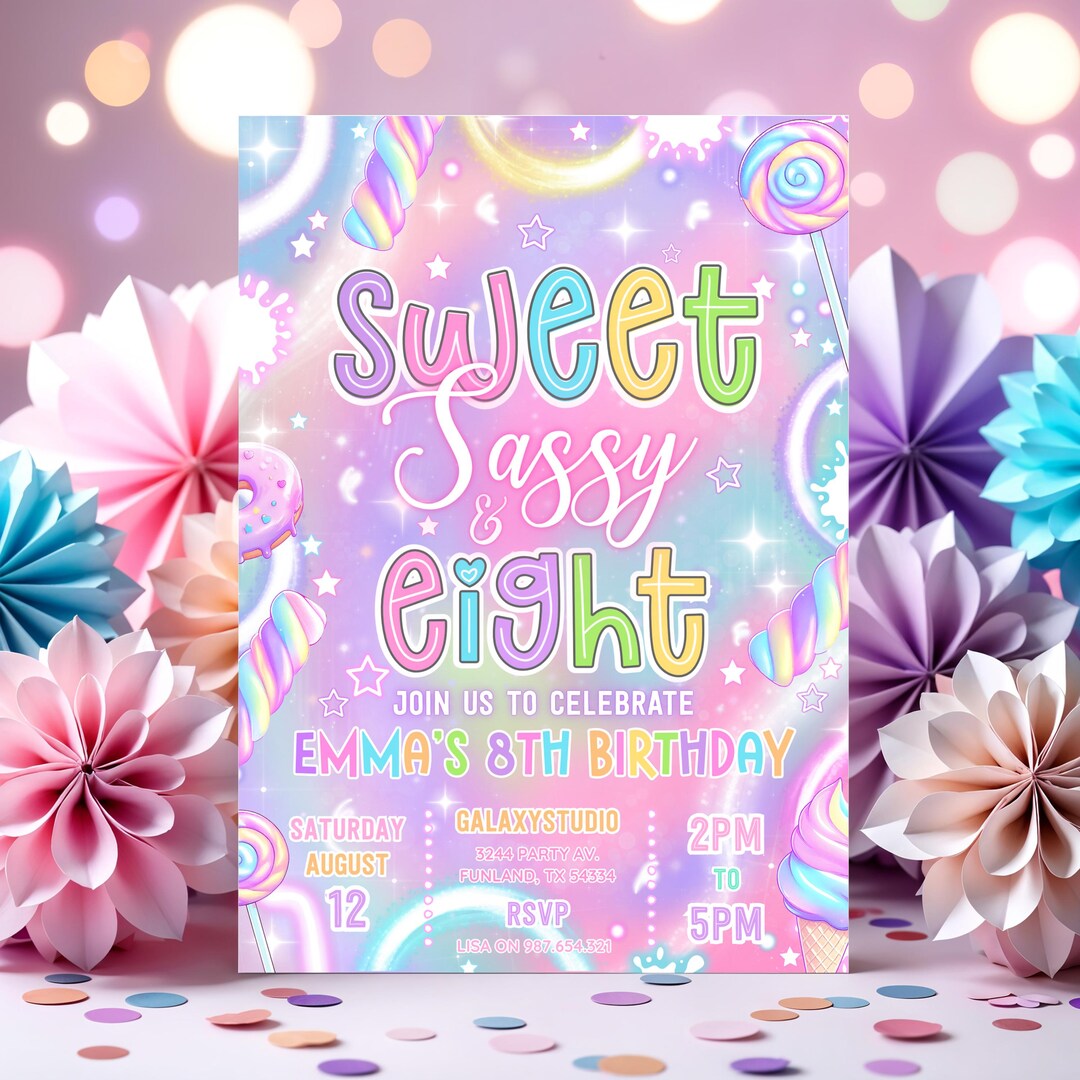 EDITABLE Sweet Sassy and Eight Birthday Party Invitation, Neon Glow ...
