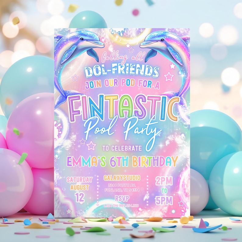 Editable Dolphin Pool Party Invitation Neon Glow Dolphin Under the Sea ...