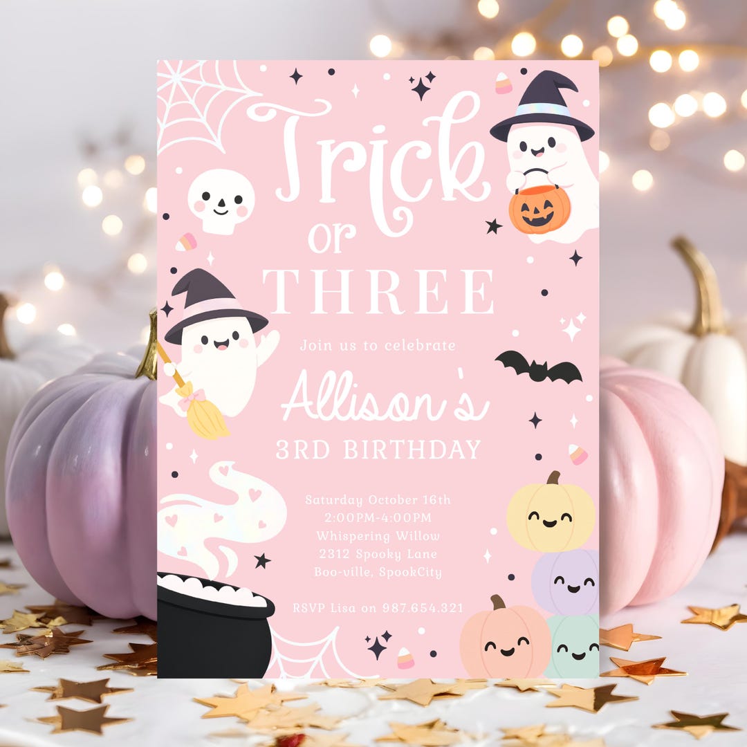 Editable Girls Halloween Ghost Birthday Invitation, Trick or Three 3rd ...