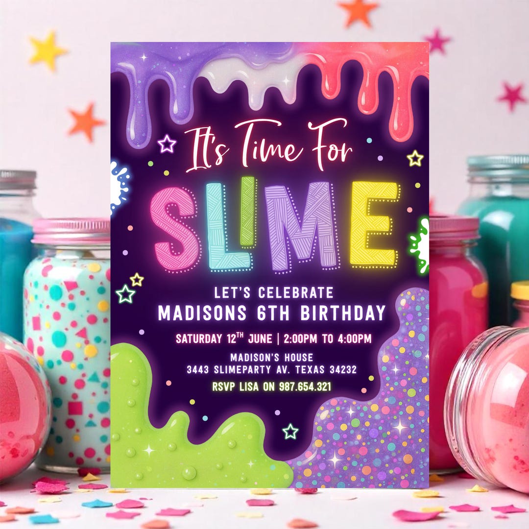 Editable Slime Invitation Glow Slime Invitation Neon Slime Birthday ...