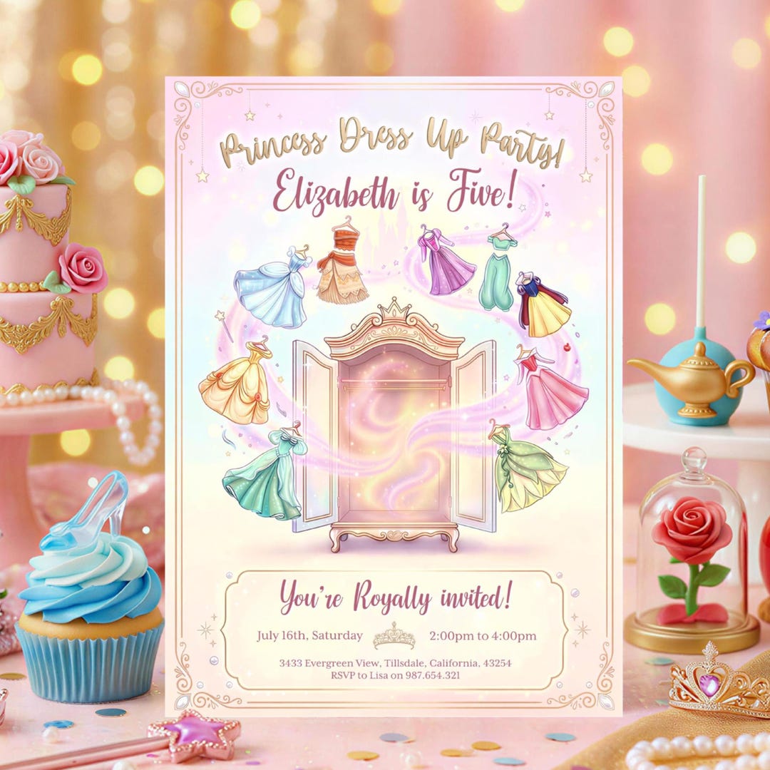 Editable Princess Dress up Party Birthday Invitation Pink Royal Theme ...