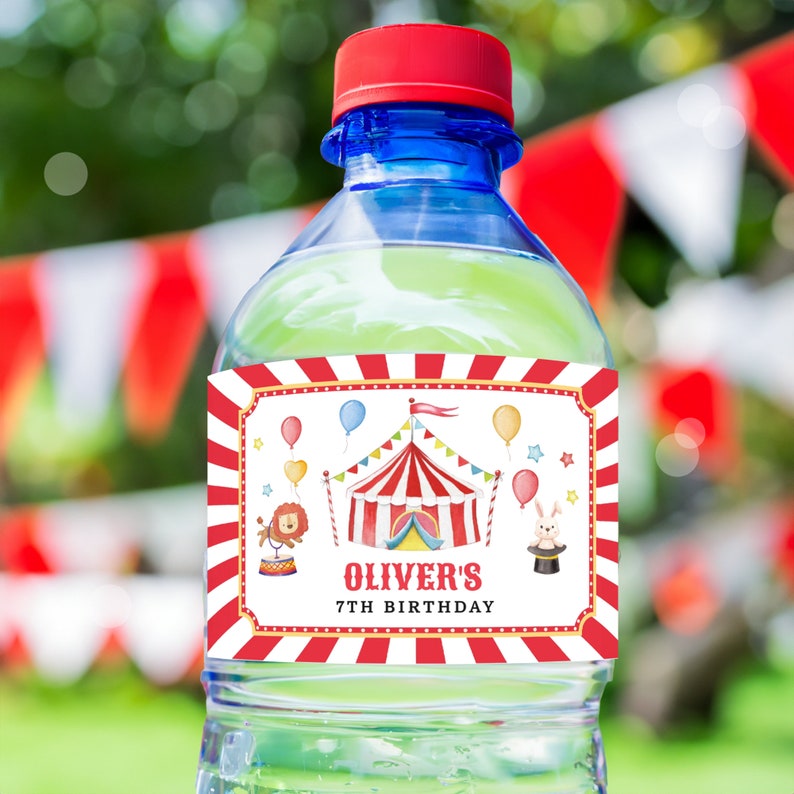 Editable Carnival Water Bottle Label Circus Party Red and White Drink ...