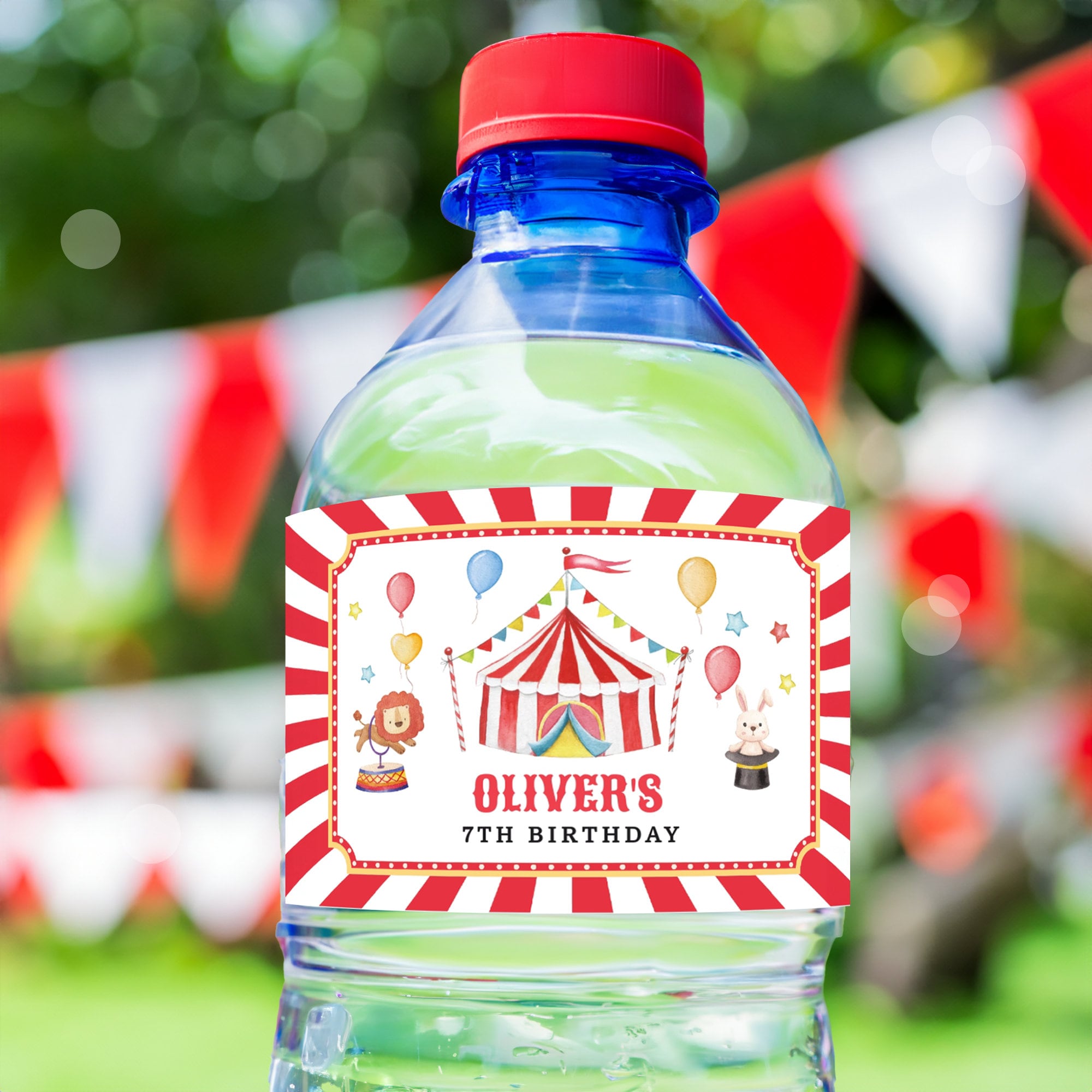 Editable Carnival Water Bottle Label Circus Party Red and White Drink Label Download Printable ...