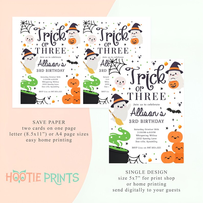 Editable Kids Halloween Ghost Birthday Invitation, Trick or Three 3rd ...