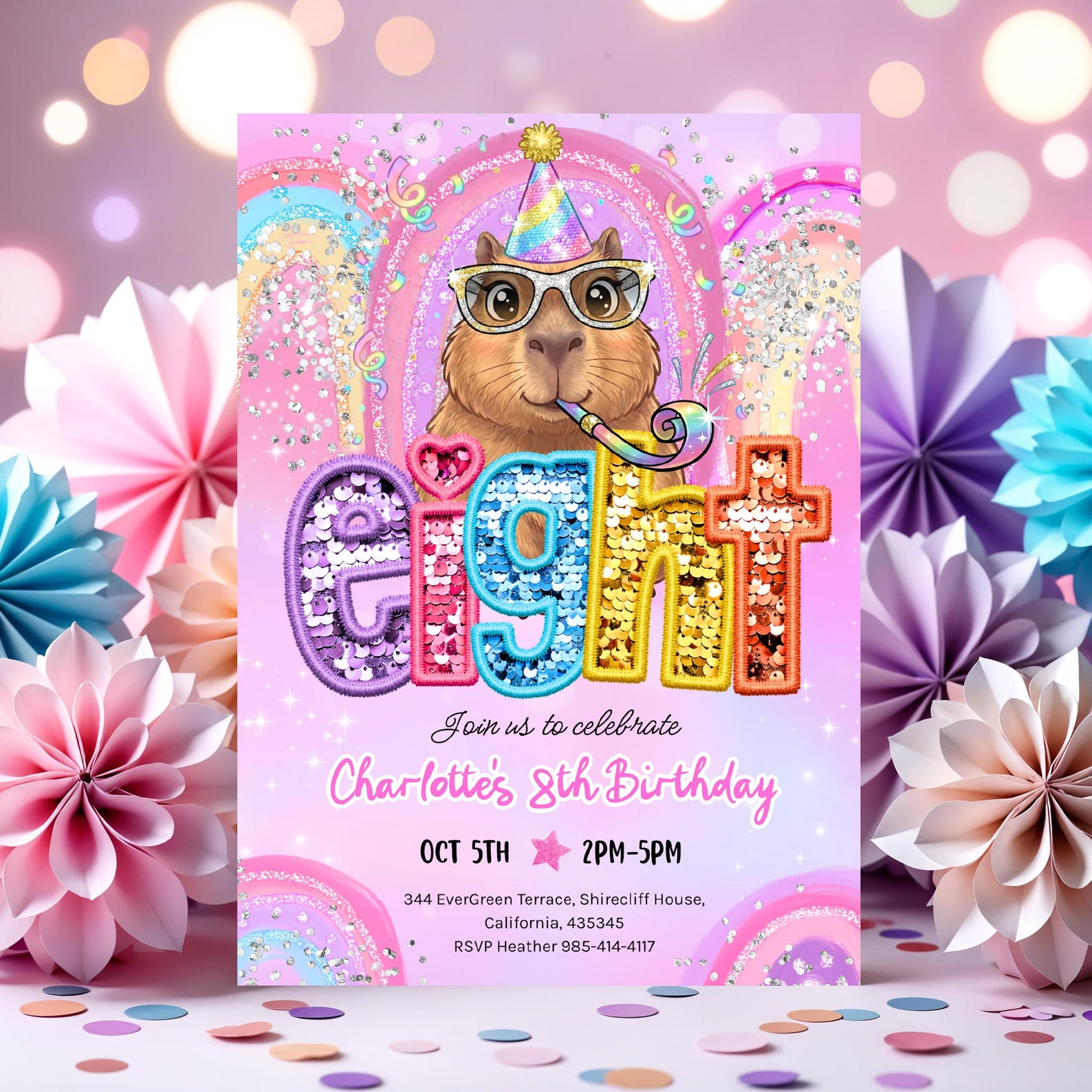 Editable 8th Birthday Capybara Birthday Invitation, Cute Pink Capy ...