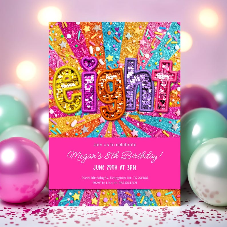 8th Birthday Invitation Girl Editable Rainbow Sequin Glitter Invite ...