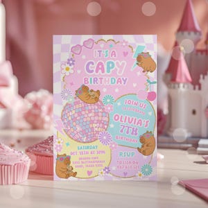 Capybara Birthday Invitation, Cute Pink Capy Birthday, Preppy Smile ...