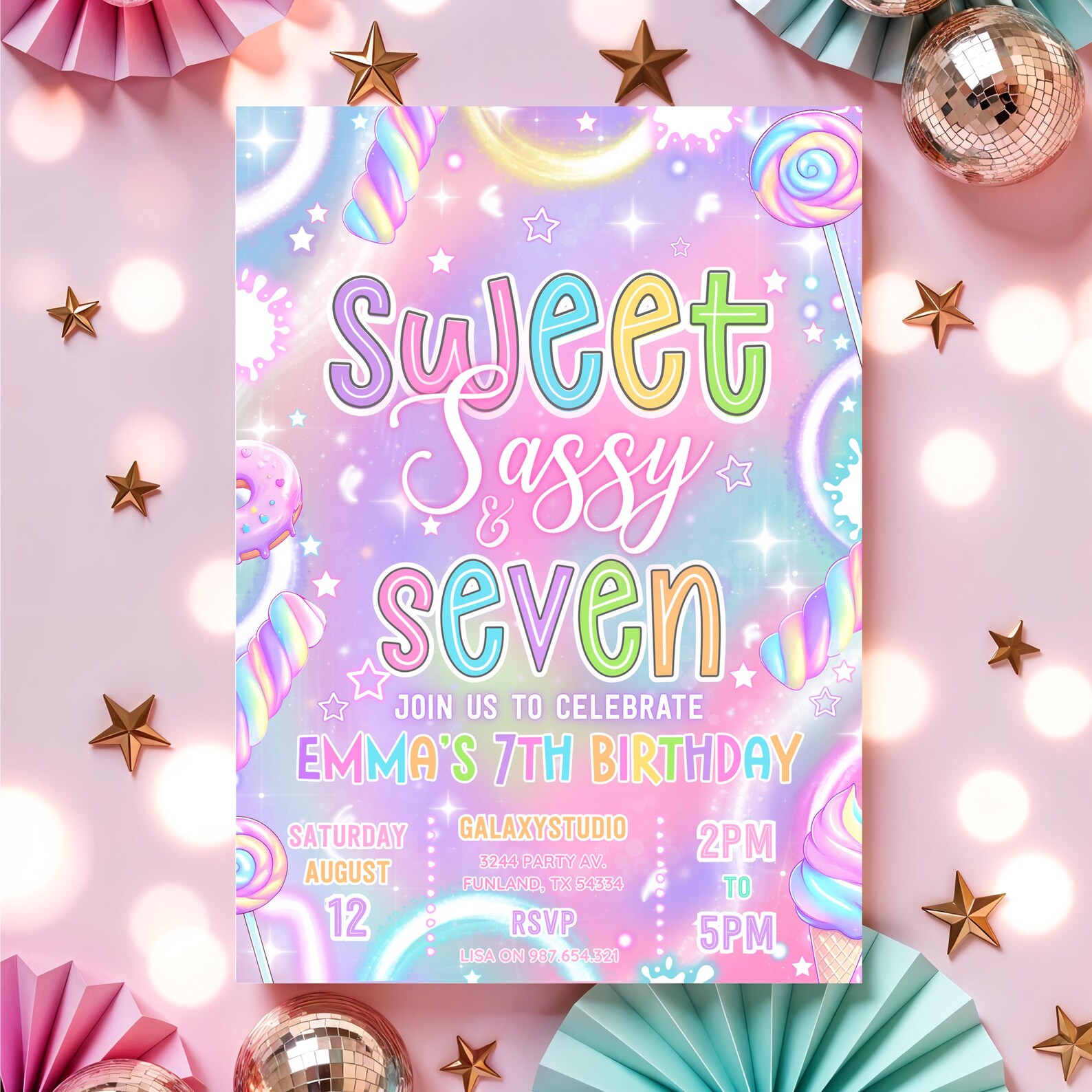 EDITABLE Sweet Sassy and Seven Birthday Party Invitation, Neon Glow ...