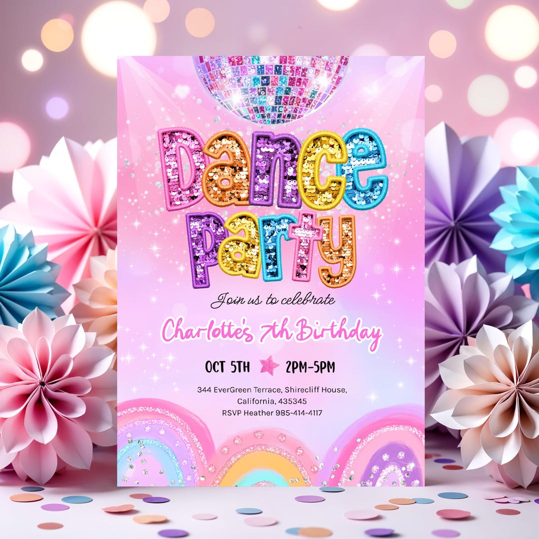 Editable Dance Party Disco Party Sequin Glitter Pink Pastel Rainbow ...