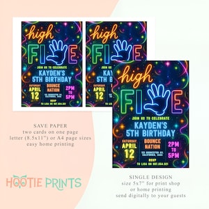 Editable High Five Birthday Party Invitation Neon Glow High Five Hi ...
