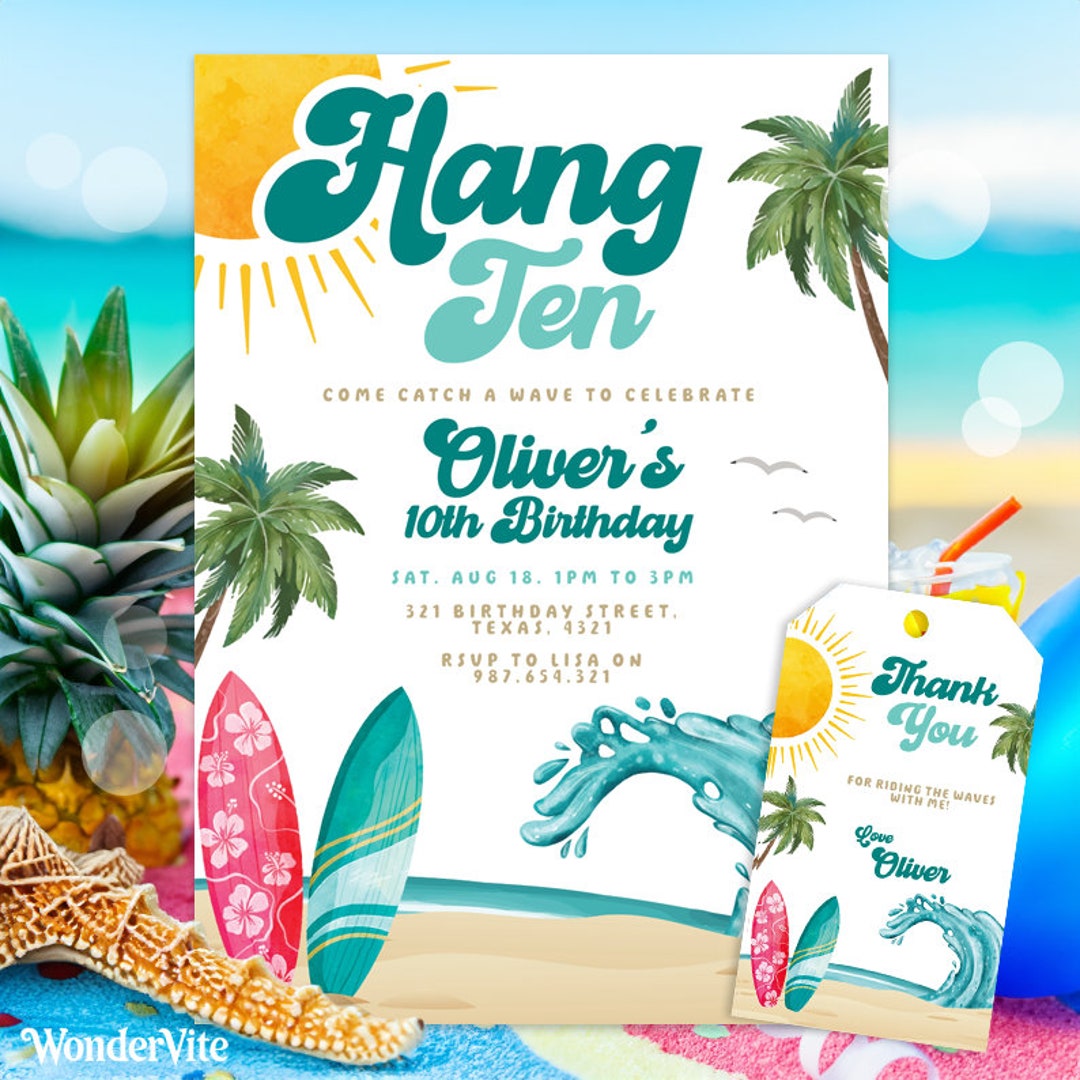 Editable Hang Ten Birthday Invitation Boy Surfing Tenth Birthday Invite Boy Surf Surfboard Beach ...