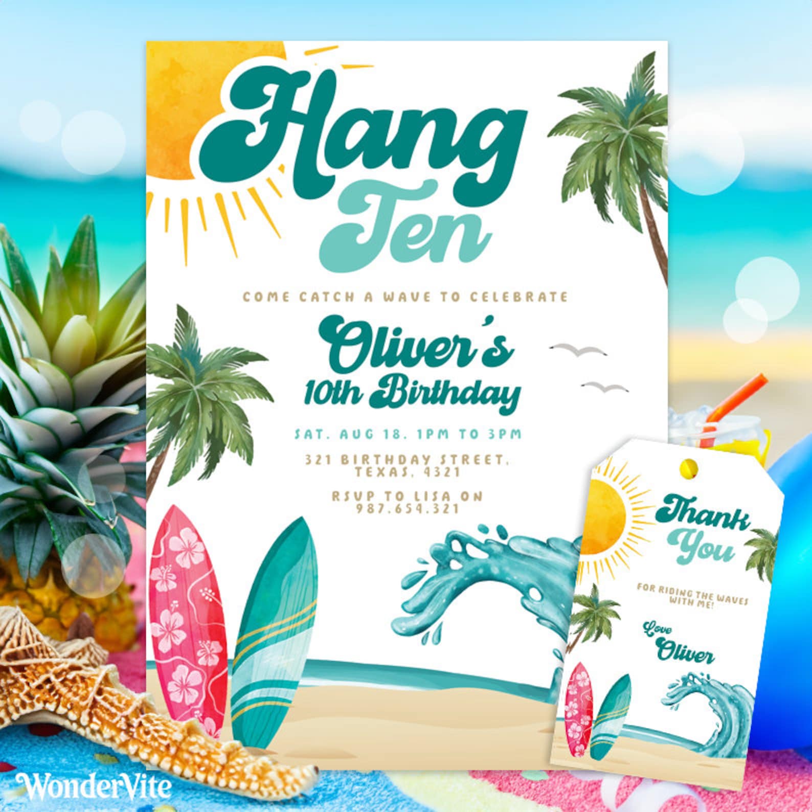 Editable Hang Ten Birthday Invitation Boy Surfing Tenth Birthday Invite Boy Surf Surfboard Beach ...