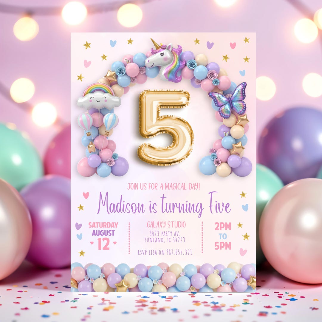 5th Birthday Unicorn Invitation Girl, Pastel Rainbow Digital Printable ...