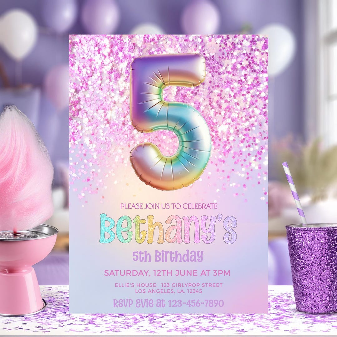 Editable 5th Birthday Invitation Glitter Fifth Birthday Invitation ...