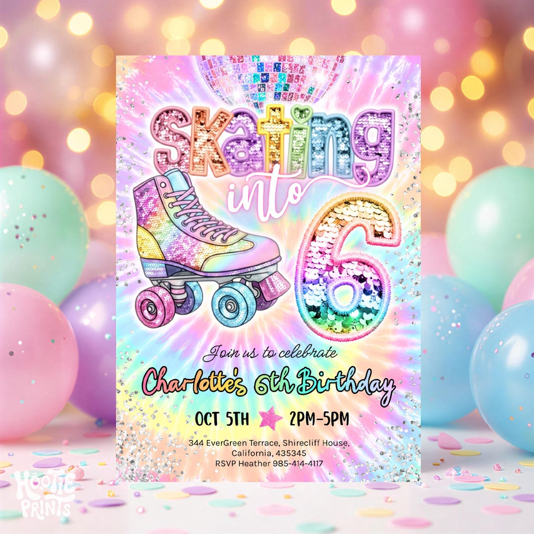 Roller Skating 6th Birthday Invite, Tie Dye Disco Glitter Party ...