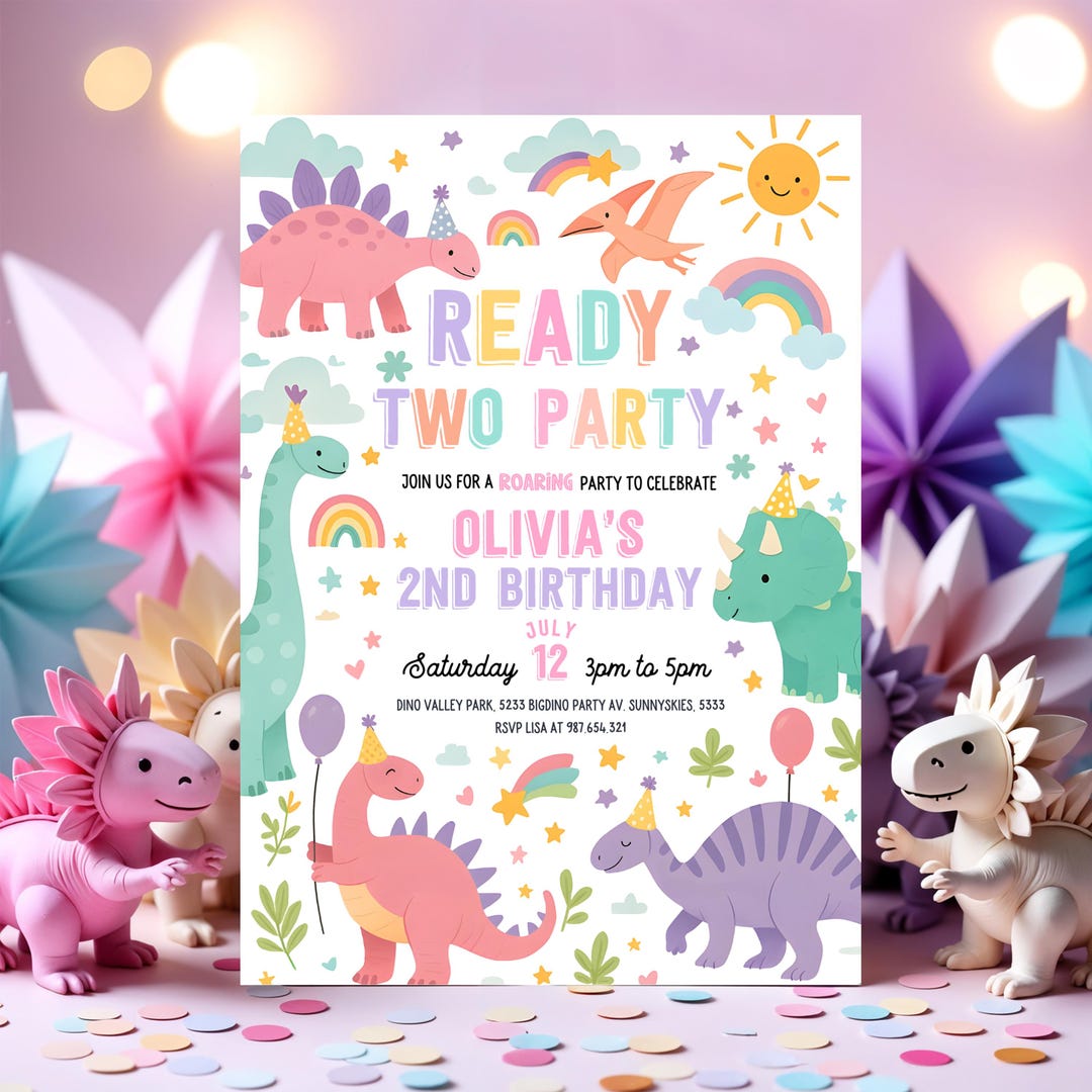 Editable Ready Two Party Like A Dinosaur 2nd Birthday Party Invitation ...